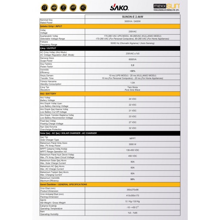 Sako Sunon-e Mppt 24V 2.4Kw (450-500vdc) Tam Sinüs Akıllı İnverter